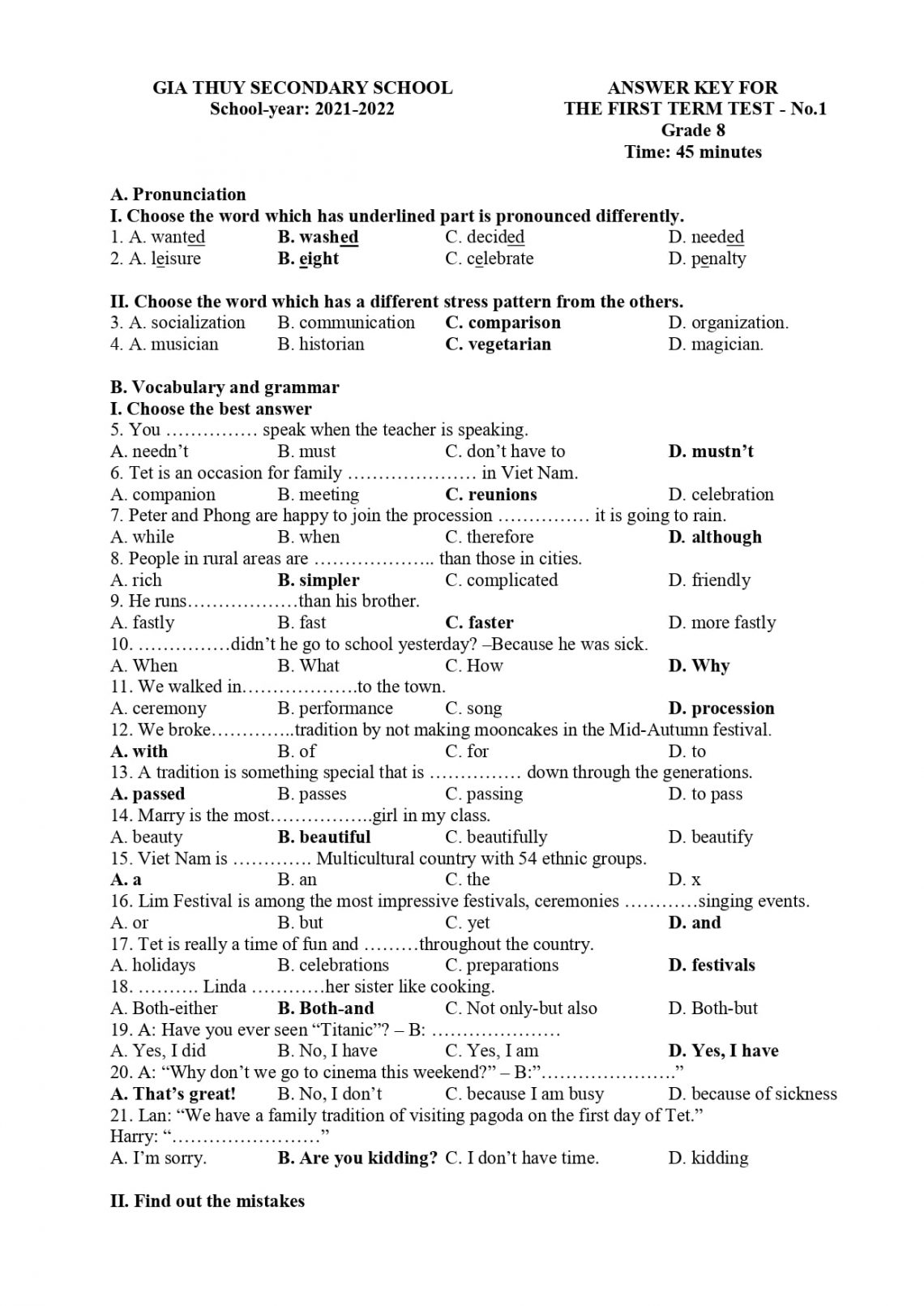 Đề thi tiếng anh cuối kì 1 lớp 8 năm 2021-2022 có file PDF
