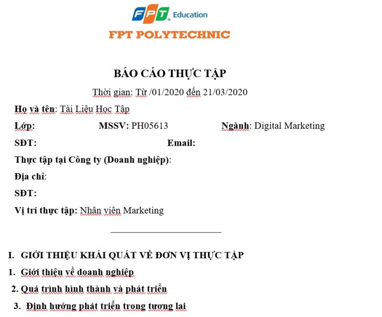 Mẫu báo cáo thực tập Digital Marketing mới nhất 2023