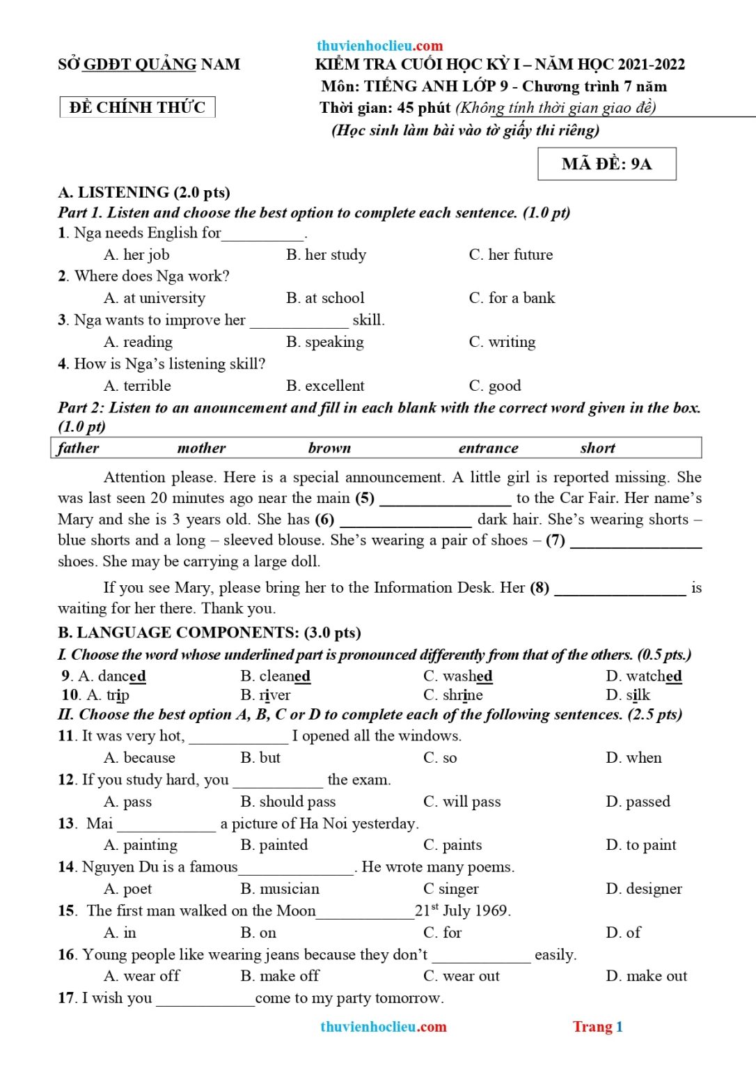 Đề thi tiếng anh lớp 9 học kì 1 năm học 2021-2022 có file PDF