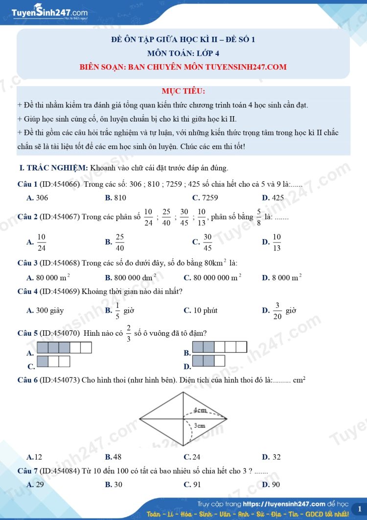 Bộ đề thi toán lớp 4 giữa học kì 2 có đáp án và file pdf
