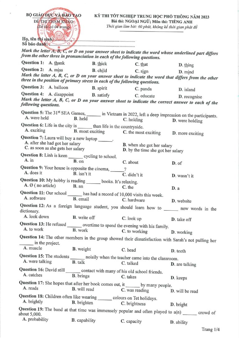Đề minh họa tiếng anh thpt quốc gia 2023 có đáp án và file pdf
