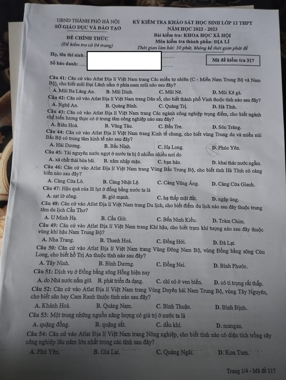 Đề thi thử môn địa lý THPT Quốc Gia 2023 TP Hà Nội mã 317 có đáp án
