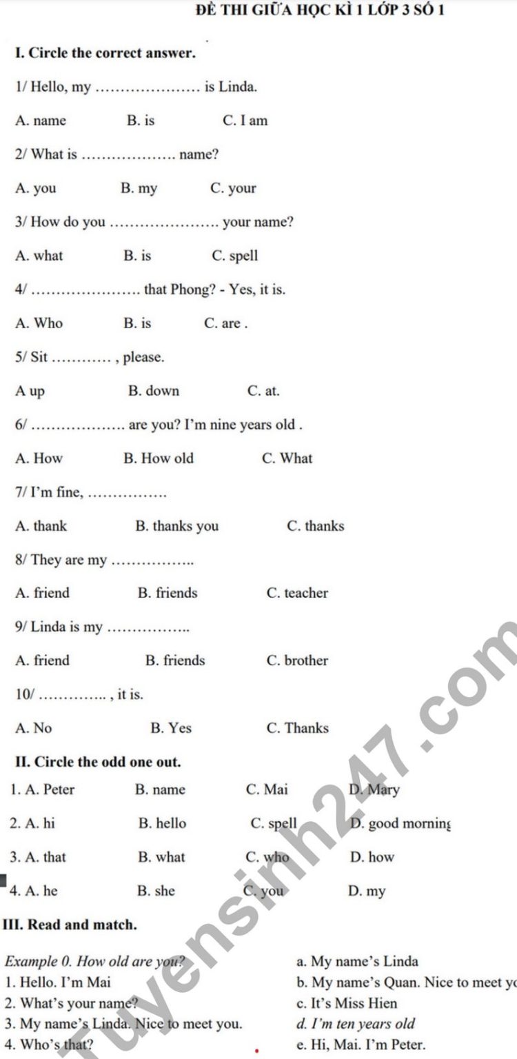 Bộ đề thi tiếng anh lớp 3 giữa học kì 1 (File Nghe+ PDF )