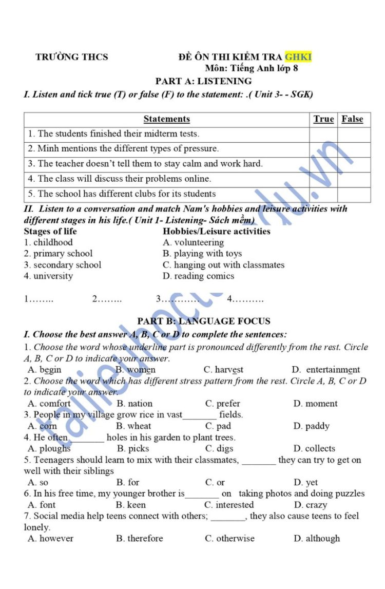 3 Đề thi tiếng Anh lớp 8 giữa học kì 1(đáp án+ file nghe)