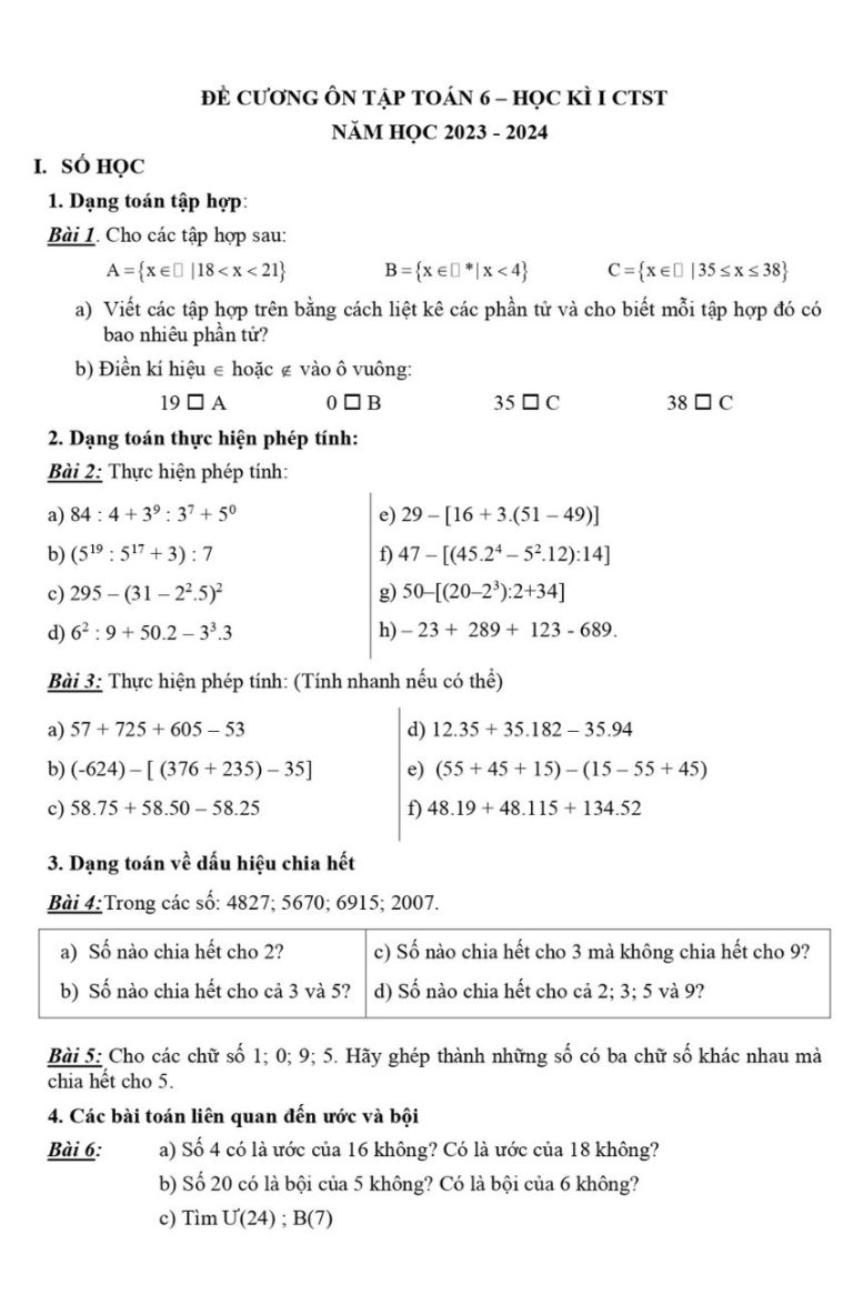 Các dạng bài tập toán lớp 6 học kì 1 sách mới File PDF 2023