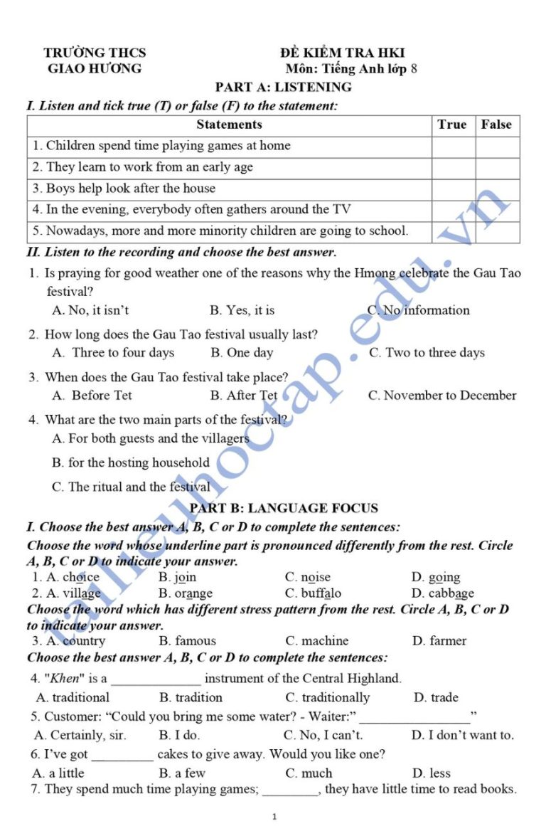 Bộ đề thi tiếng anh cuối kì 1 lớp 8 (đáp án+file nghe) 2023
