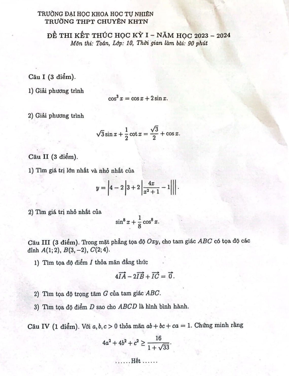 Đề thi toán cuối HK1 lớp 10 THPT chuyên KHTN Hà Nội 2023