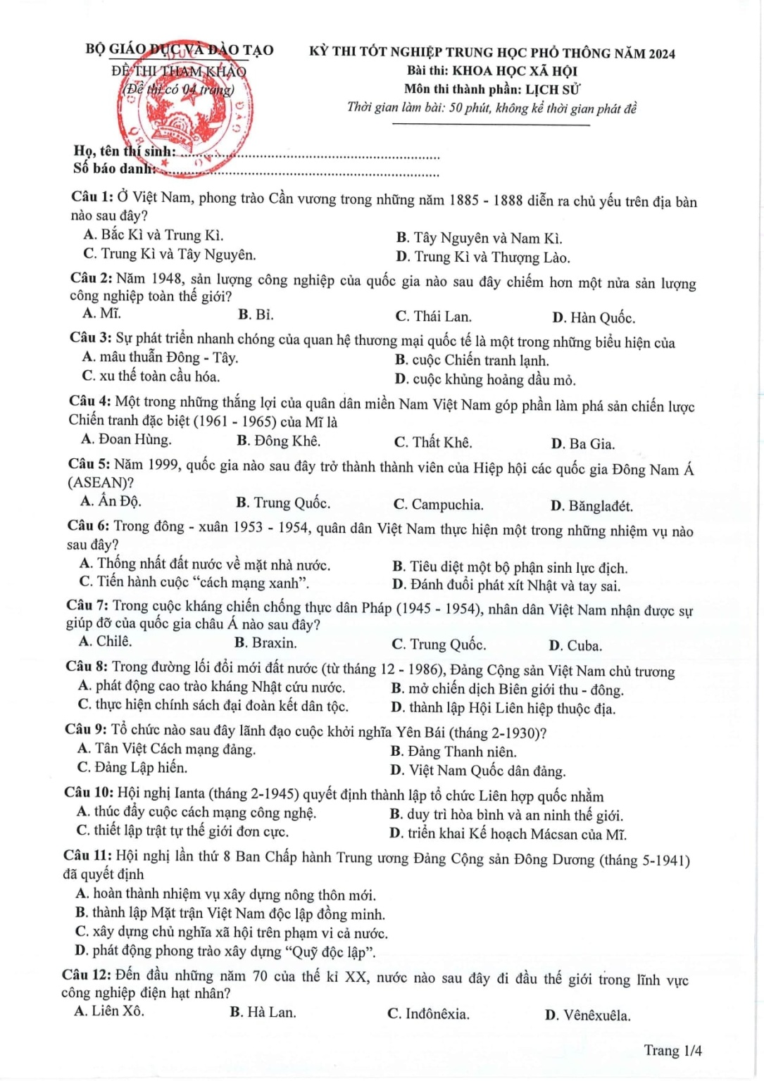 Đề thi lịch sử THPT quốc gia 2024 có đáp án và file PDF