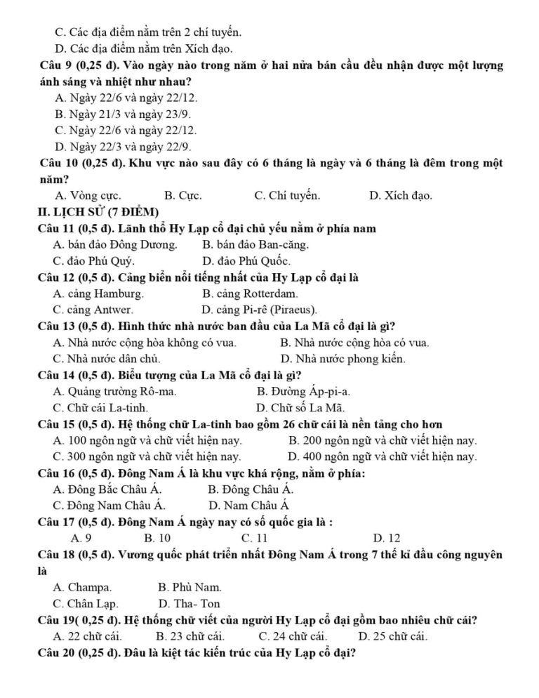 Đề ôn thi HK1 lớp 6 môn Lịch sử và Địa Lý đề 1 có đáp án