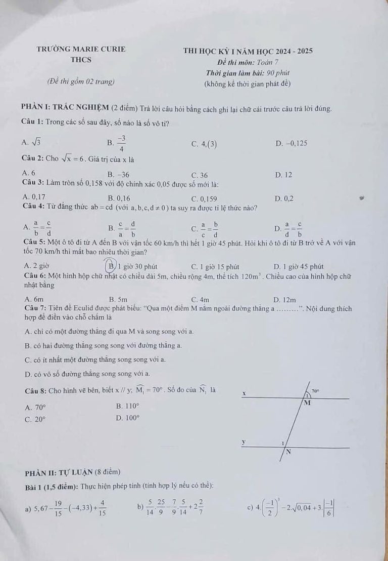 Đề thi toán lớp 7 HK1 THCS Marie Curie 2024 có đáp án