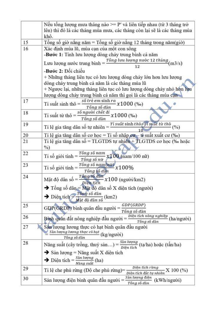 50 Công thức địa lý 12 thi thpt quốc gia chương trình mới