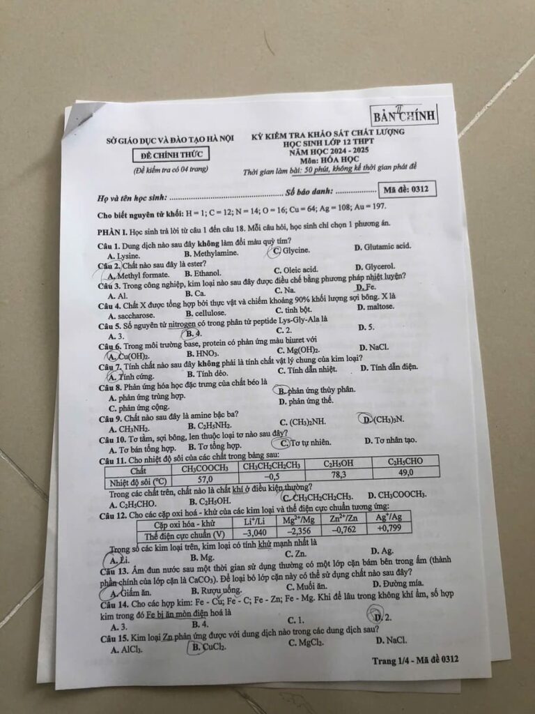 Đề thi tốt nghiệp môn Hoá THPT Quốc Gia 2025 có đáp án