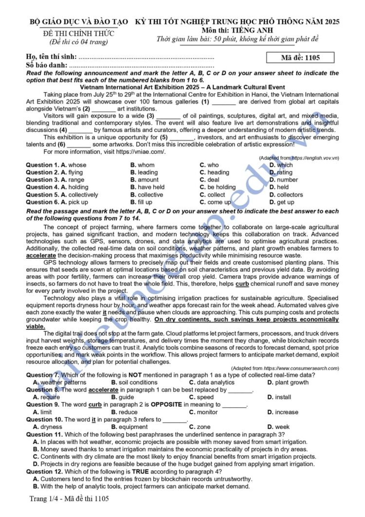 Đề thi tiếng Anh THPT quốc gia 2025 có đáp án và file PDF