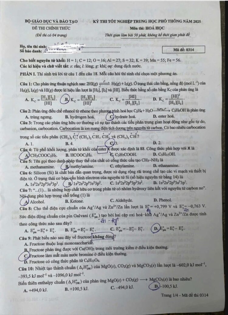 Đề thi tốt nghiệp môn Hoá THPT Quốc Gia 2025 có đáp án
