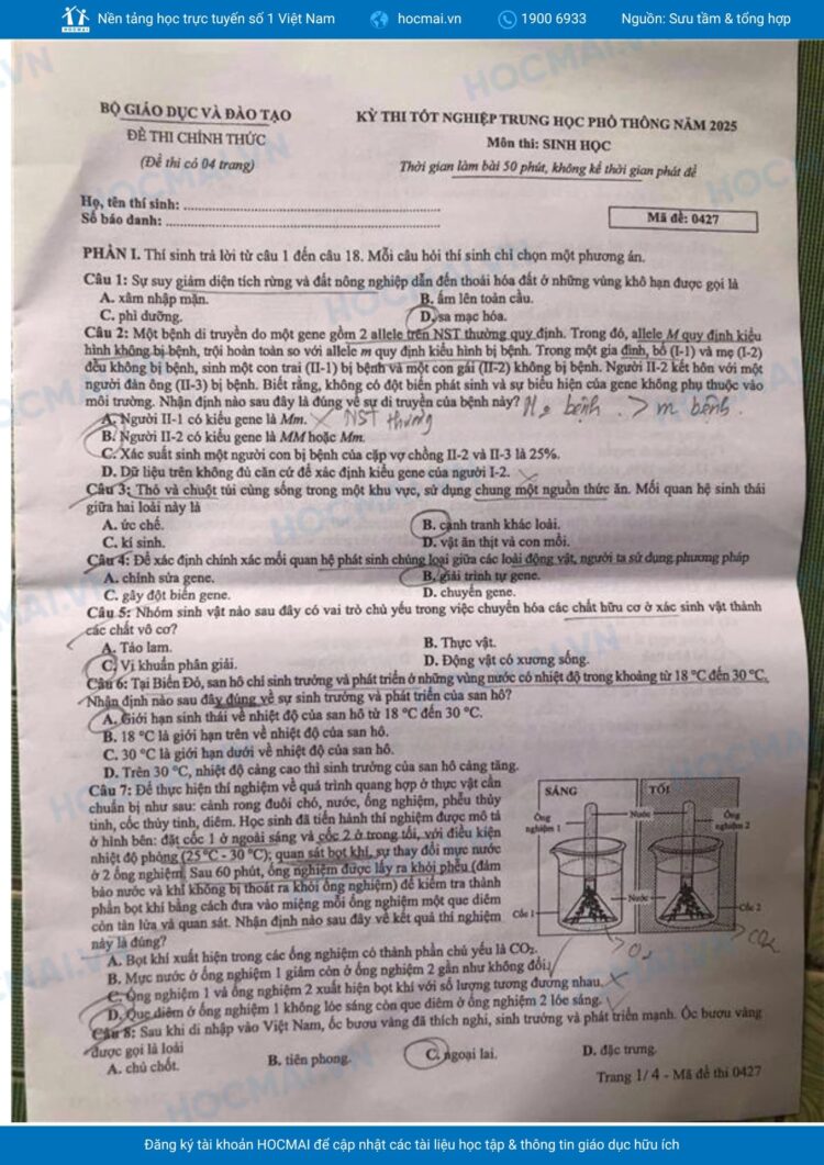 Đề thi tốt nghiệp môn sinh THPT quốc gia 2025 có đáp án